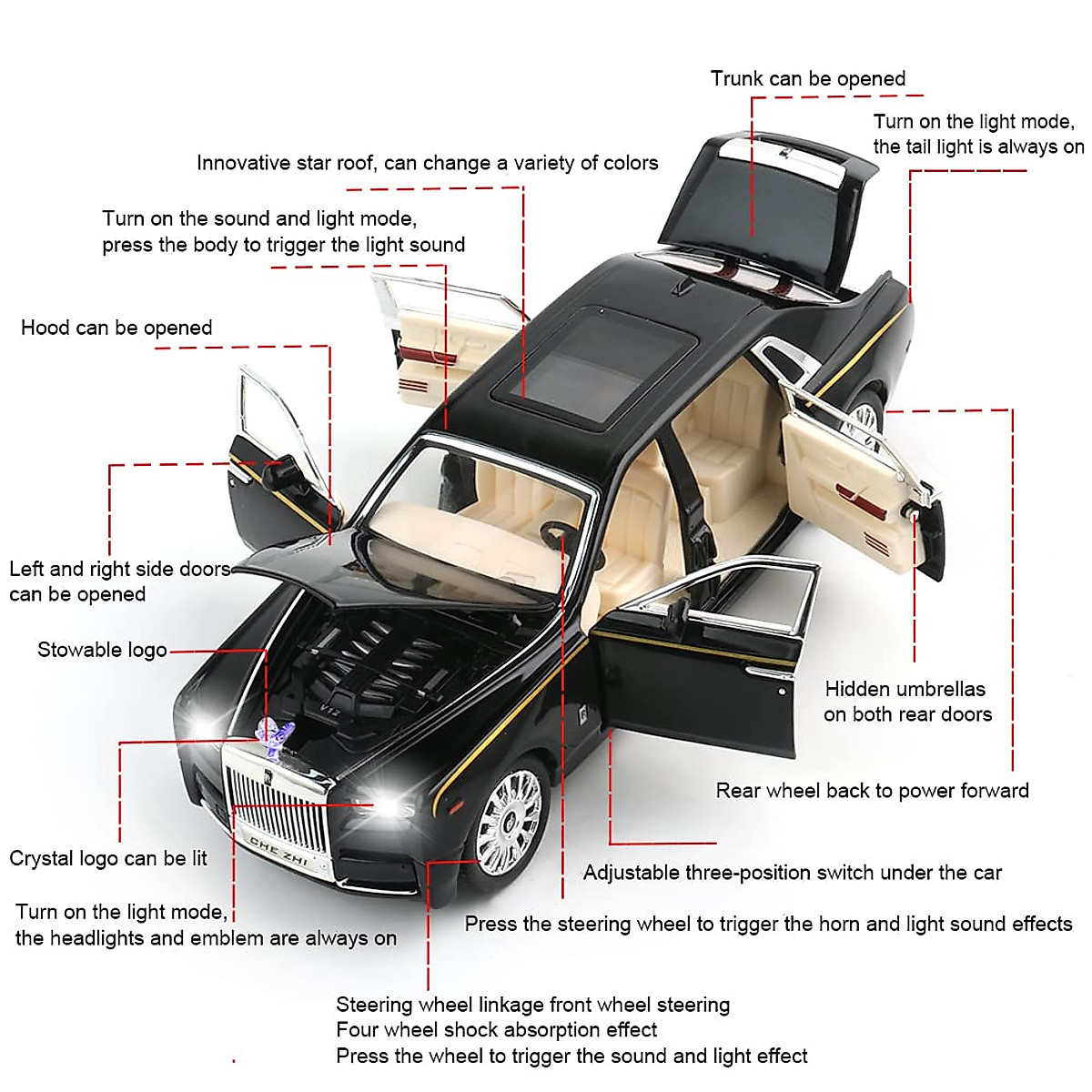 1/24 Diecast Car Model Rolls-Royce Phantom Toy Car, Alloy Collectible Phantom Replica Pull Back Model Car Vehicles with Sound and Light for Kids Boys Girls Birthday Gift