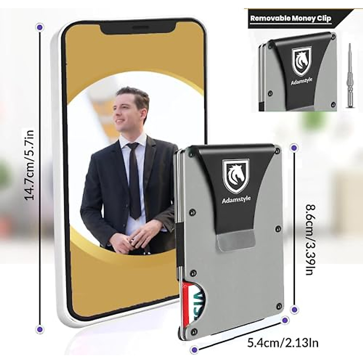 Adamstyle Minimalist Slim Wallet for Men - Mens Metal Compact Wallets - Rfid Blocking Credit Card Holder with Money Clip