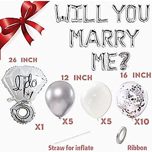 40 Pcs-Silver "Will you marry me" Balloon Pack -Proposal Balloon Banner and 2000 pcs Red Rose Petals proposal Decoration-proposal idea-Diamond ring Balloon-Valentine's Day Proposal (silver floral proposal)