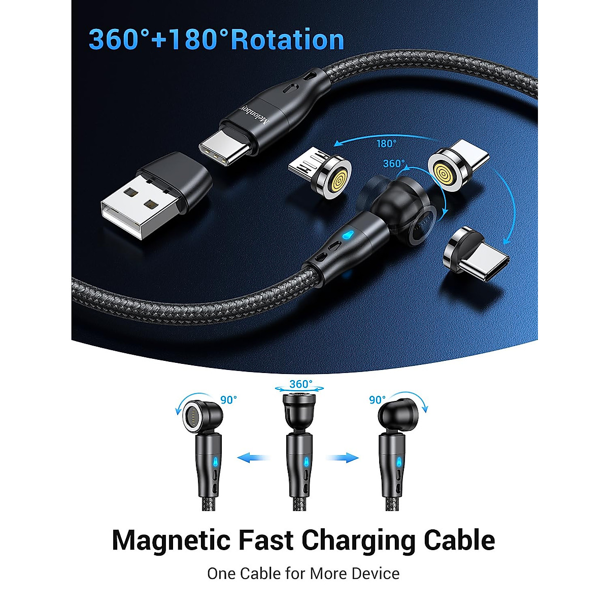 Magnetic USB C to USB C Cable 60W(3A) (2Pack, 3.3/6.6ft), 360°&180° Rotating Magnetic Charging Cable/Magnetic Phone Charger Cable/USB C Charging Cable-Data Transfer for Type C/Micro USB/i-Product