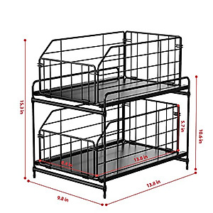 Lxmons Pull Out Under Sink Organizer, 2 Tier Slide Out Cabinet Drawer Organizer, Metal Basket Home Shelf for Bathroom or Kitchen, Sliding Countertop or Pantry Organization Storage, Large Black