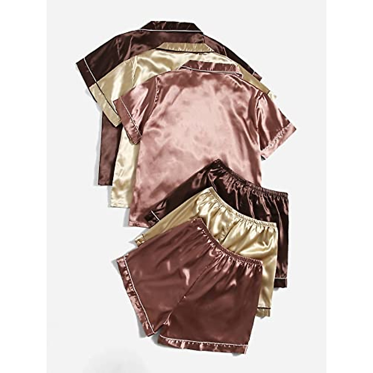 SOLY HUX Women's 3 Set Satin Pajama Set Short Sleeve V Neck Collar Button Down Shirt Top with Shorts Sleepwear Brown Yellow Multi S