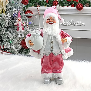 Bluelans 12" Santa Claus Figure, Standing Traditional Christmas Figurine Figure Decor with Christmas Sock and Gifts Bag for Holiday Party Home Decor, Christmas Decorations Pink