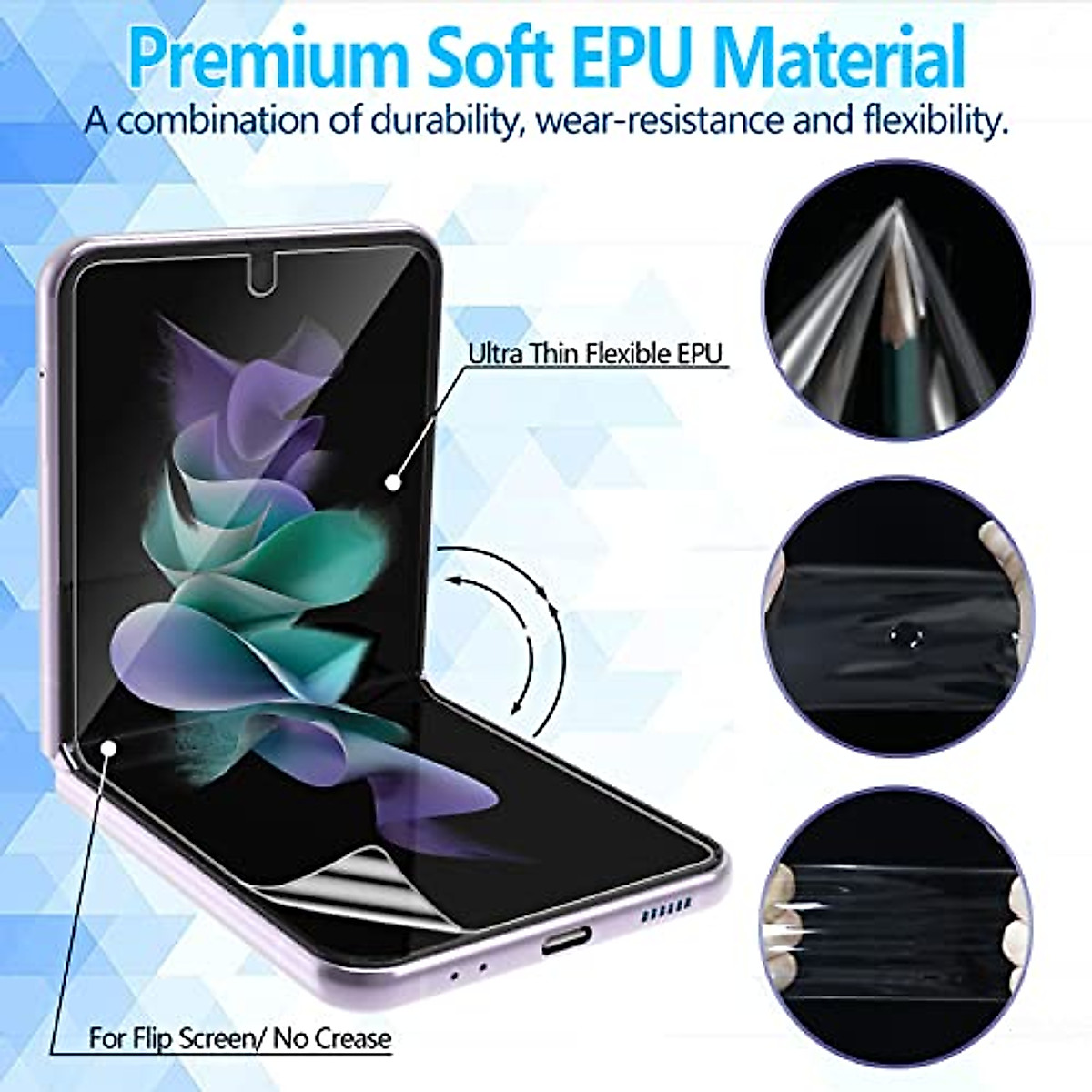 Galaxy Z Flip 4 Screen Protector 2 Pack, Hydrogel Film Screen Protector for Samsung Galaxy Z Flip 4, Soft EPU Screen Protector Full Covered, High Definition, Scratch Self Recovery, Bubble Free