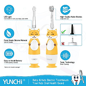 YUNCHI Baby Toothbrush, Toddler Toothbrush Age 0-4 Years, K3 Sonic Baby Electric Toothbrush with LED Smart Timer, BPA Free Baby Toothbrush 0 Months and up, Baby Toddler Electric Toothbrush 4 Heads