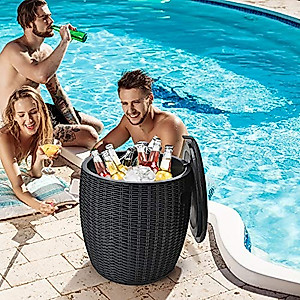 Giantex 9.5 Gallon Ice Cooler, Wicker Round Ice Chest, Outdoor Beer Wine Ice Bucket, Top Lid Side Handles Drainage Plug, Weather-resistant Patio Cool Bar Table for Cocktail Party Poolside Deck (Black)