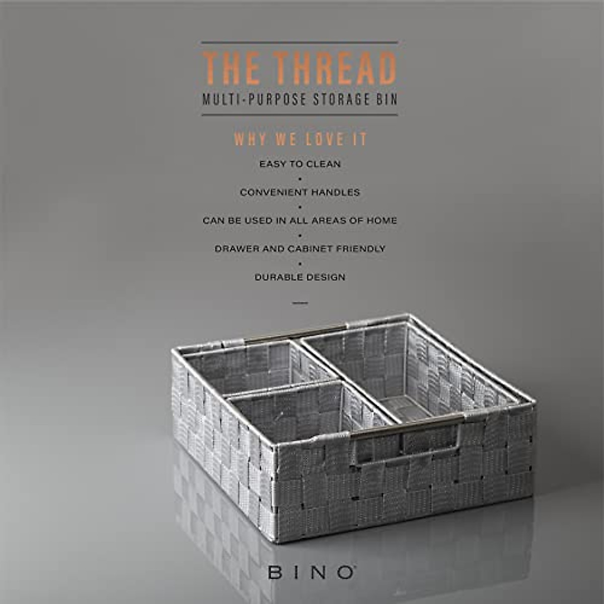 BINO 4-Piece Woven Strap Storage Basket Organizer Set - Shelf Organizer with Built-in Carry Handles, Light Grey