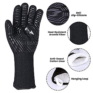 GEEKHOM BBQ Gloves,1472℉ Heat Resistant Grill Gloves, EN407 Certified 13 Inch Grilling Gloves for Smoker, Baking, Cooking, Fire Pit (Black-Flames Texture)