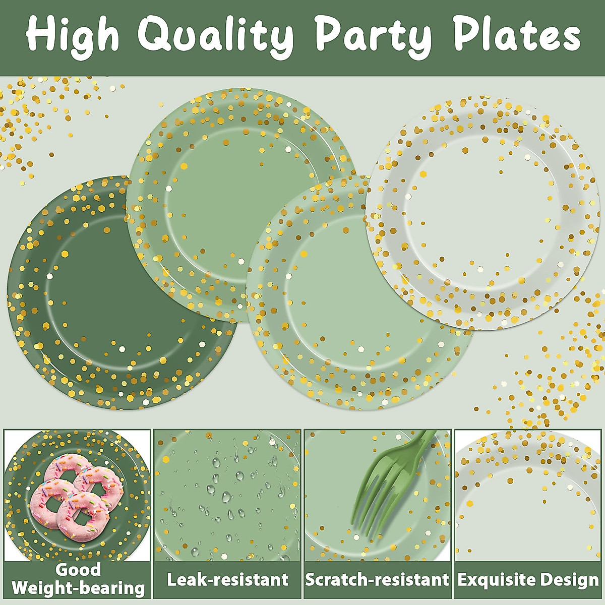 OBUSATT 100Pcs Sage Green Paper Plates Green and Gold Party Supplies Polka Dot Green Tableware Disposable 7 Inch Dinner Dessert Cake Plates for Bridal Baby Shower Wedding Birthday Party Decorations