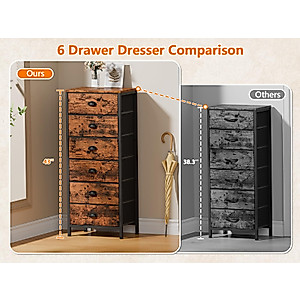 Furnulem Tall Dresser with 6 Drawers,Vertical End Table and Nightstand for Bedroom,Industrial Dorm Bedside Furniture with Fabric Storage Drawer Organizer in Living Room,Closet,Entryway(Rustic Brown)