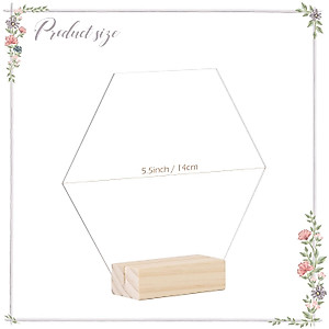 Clear Hexagon Acrylic Table Sign with Wood Stand-10 Pack 5.5 Inch Blank Hexagon Table Numbers with Wood Base, DIY Hexagon Acrylic Sign Blank for Acrylic Wedding Sign Table Numbers Wedding Table Decor