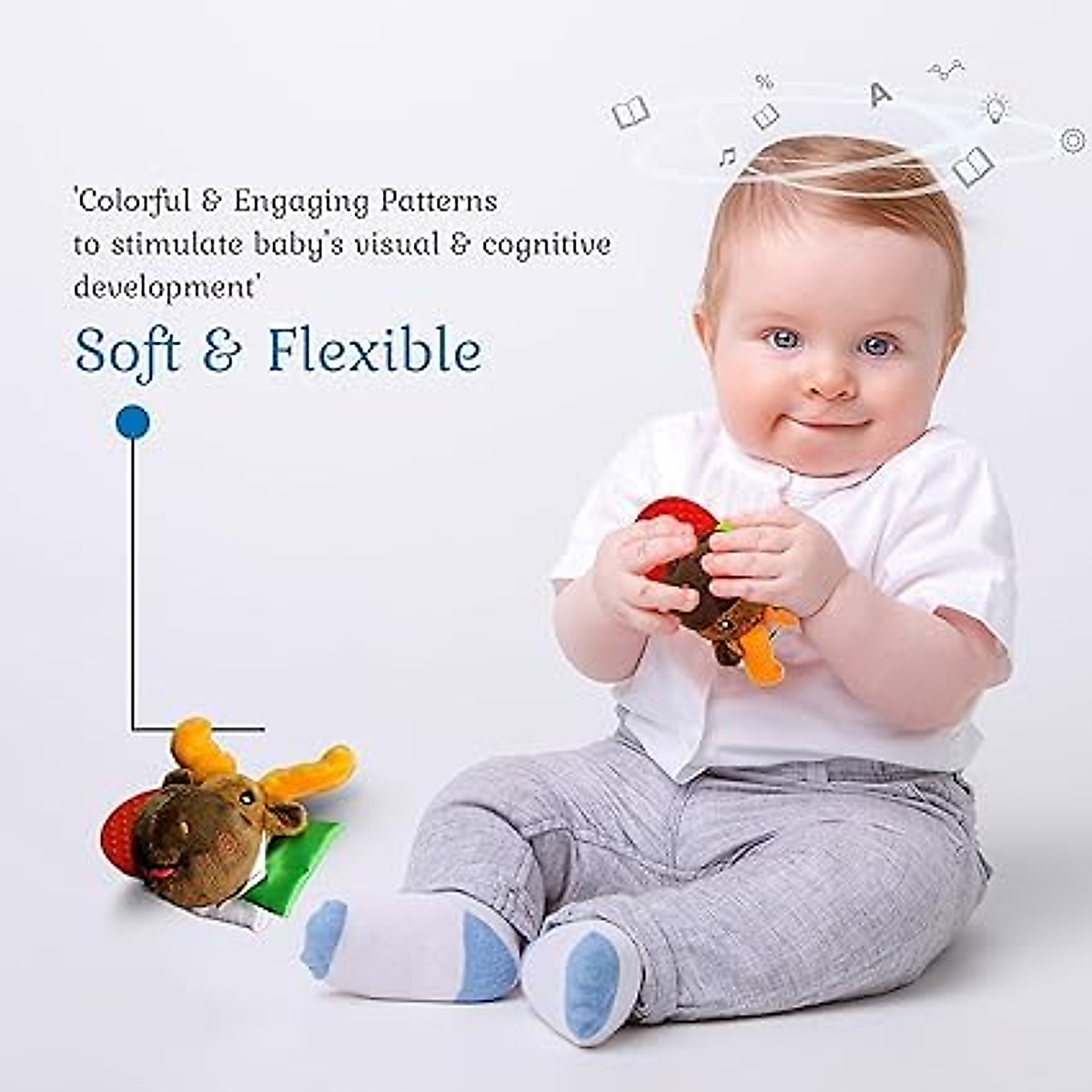 Wristy Buddy Teething Ring for Babies 0-6 8 10 12 Months | Cute Soft Moose Animal Teething Toys & Gloves | Baby Teething Relief Toy Pack | Infant Chew Toys for 3-6 Months, 1 2 3 Years