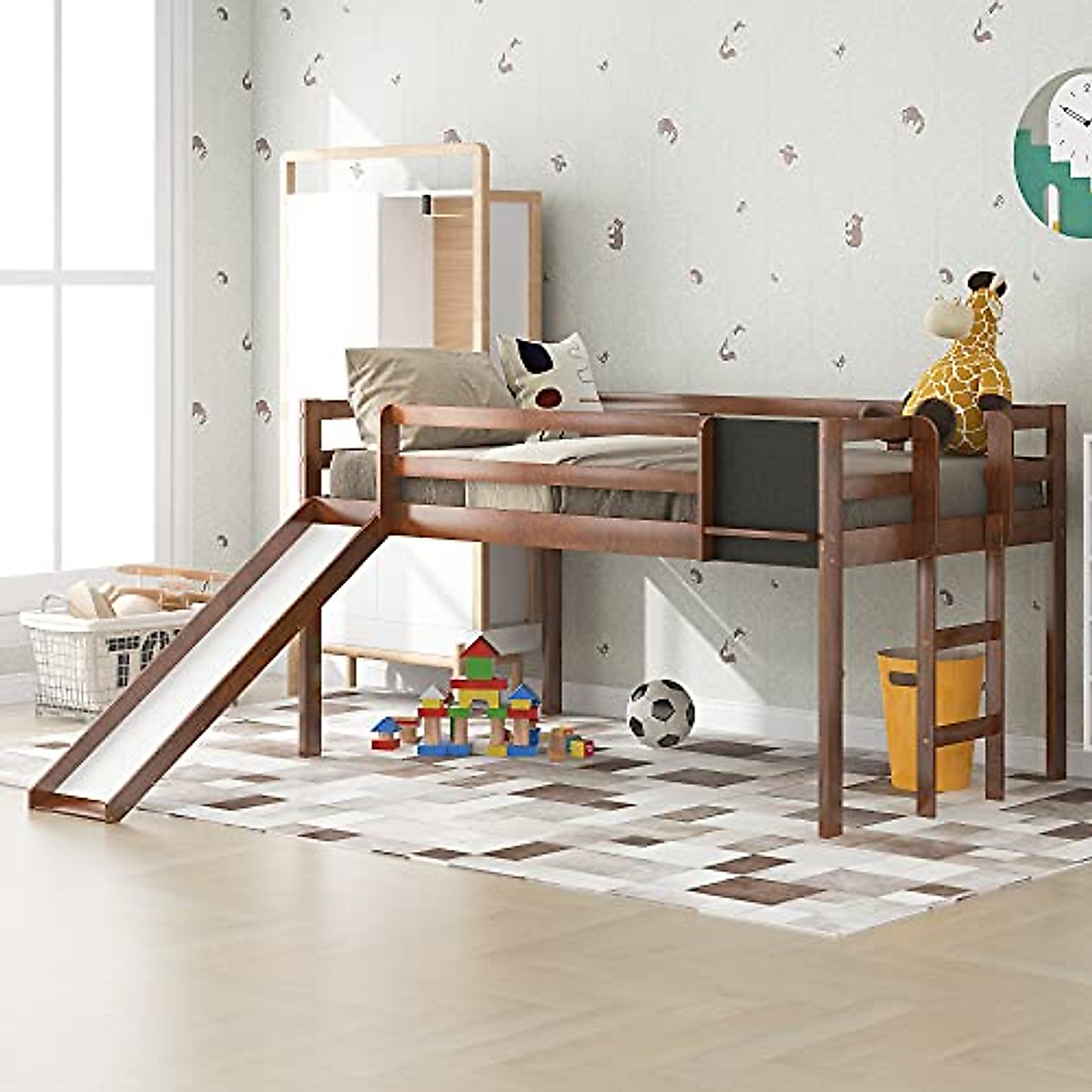 HABUHOME Twin Loft Bed with Slide, Wood Twin Size Loft Bed Frame with Stair and Chalkboard, Bedroom Furniture, Walnut