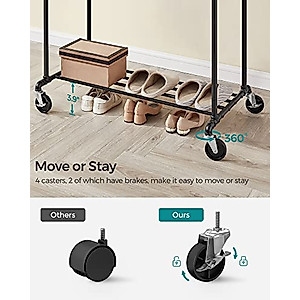 SONGMICS Heavy Duty Clothes Rack, Industrial Pipe Clothing Rack with Shelf, Double Rod Garment Rack on Wheels, Commercial Grade, for Hanging Clothes, Storage Display, Black UHSR60B