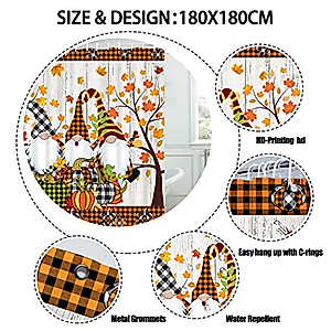 Belperan Fall Maple Leaves Gnome Shower Curtain,Autumn Buffalo Plaid Pumpkins Shower Curtain for Bathroom Decor,Rustic Waterproof Fabric Bathtubs Decor Set with 12 Hooks, 72 x 72 Inch
