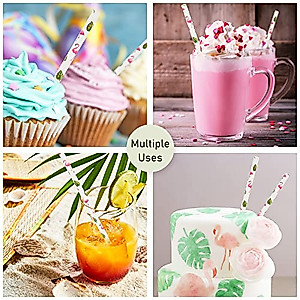 Whaline 100Pcs Summer Paper Straws Flamingo Tropical Leaves Disposable Paper Straws Hawaii Theme Decorative Straws for Summer Party Baby Shower Supplies Juices Shakes Cocktail Decoration