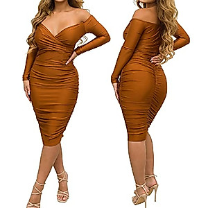 Uni Clau Women Elegant Sexy Deep V Neck Solid Color Ruched Dress Long Sleeve Off Shoulder Bodyocn Midi Dress Skinny Pleated Dress Party Night Club Dresses Brown M