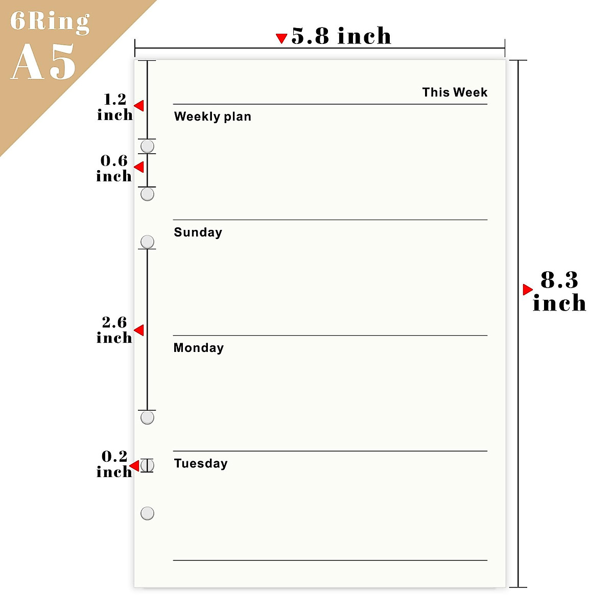A5 Weekly Planner Insert Refill Paper - 135 Sheets/270 Pages 6 Holes Punched, 100GSM, Sunday Started, Office College Filler Paper,Yellow Loose-leaf Binder Paper, 5.8" x 8.3"