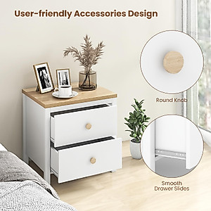 Giantex Night Stand with 2 Drawers, Farmhouse Bedside Table with Cute Round Knobs, Wooden Floor End Table with Rubber Wood Legs, Small Sofa Side Table for Small Space Kids Bedroom College, White