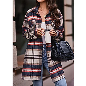BTFBM Women's Corduroy Shacket Jacket Shirts Lapel Long Sleeve Oversized 2023 Fall Winter Button Down Shirt Dress Pocket(Plaid Khaki, Medium)