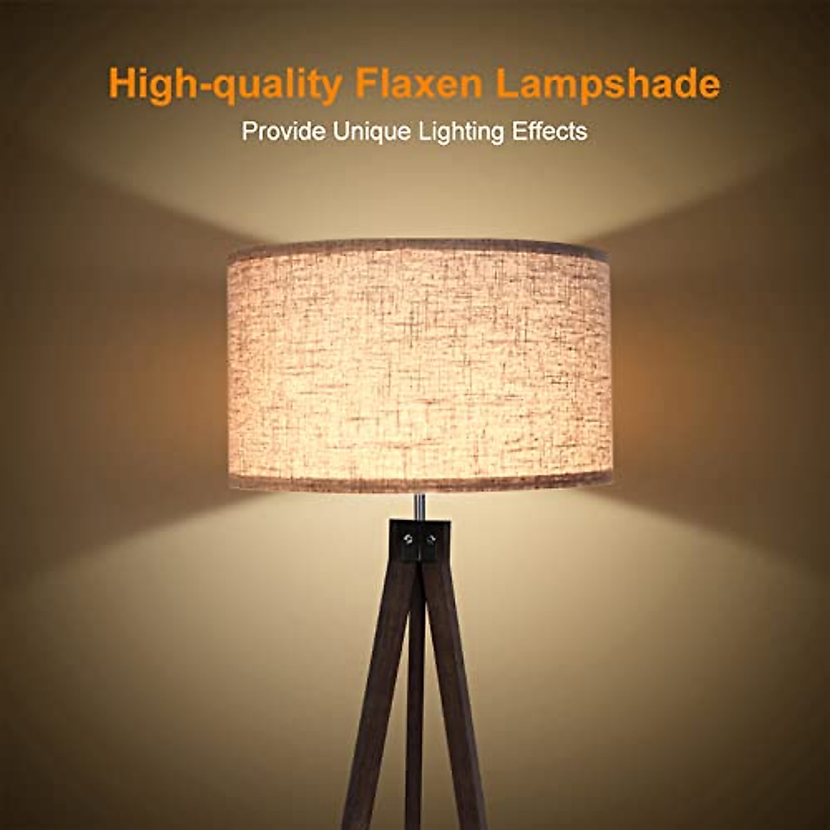 LEPOWER Wood Tripod Floor Lamp, Mid Century Standing Reading Light for Living Room, Bedroom, Study Room and Office, Modern Design, Flaxen Shade with E26 Base (Walnut)