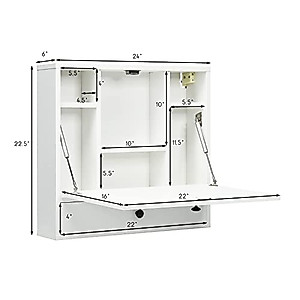 IFANNY Wall Mounted Desk, Wall Computer Desk w/Storage Drawer & Shelves, Compact Floating Desk for Wall, Space Saving Wall Desk Fold Down, Wall Desks for Small Spaces (White)