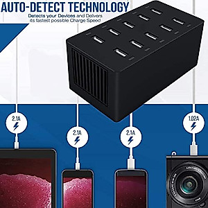 USB Charging Station, 60W 10 Port USB Charging Station, USB Charger Multi Port with Smart Detect, Compatible with iPhone, Galaxy, iPad Tablet, and Othercharging Station for Multiple Devices