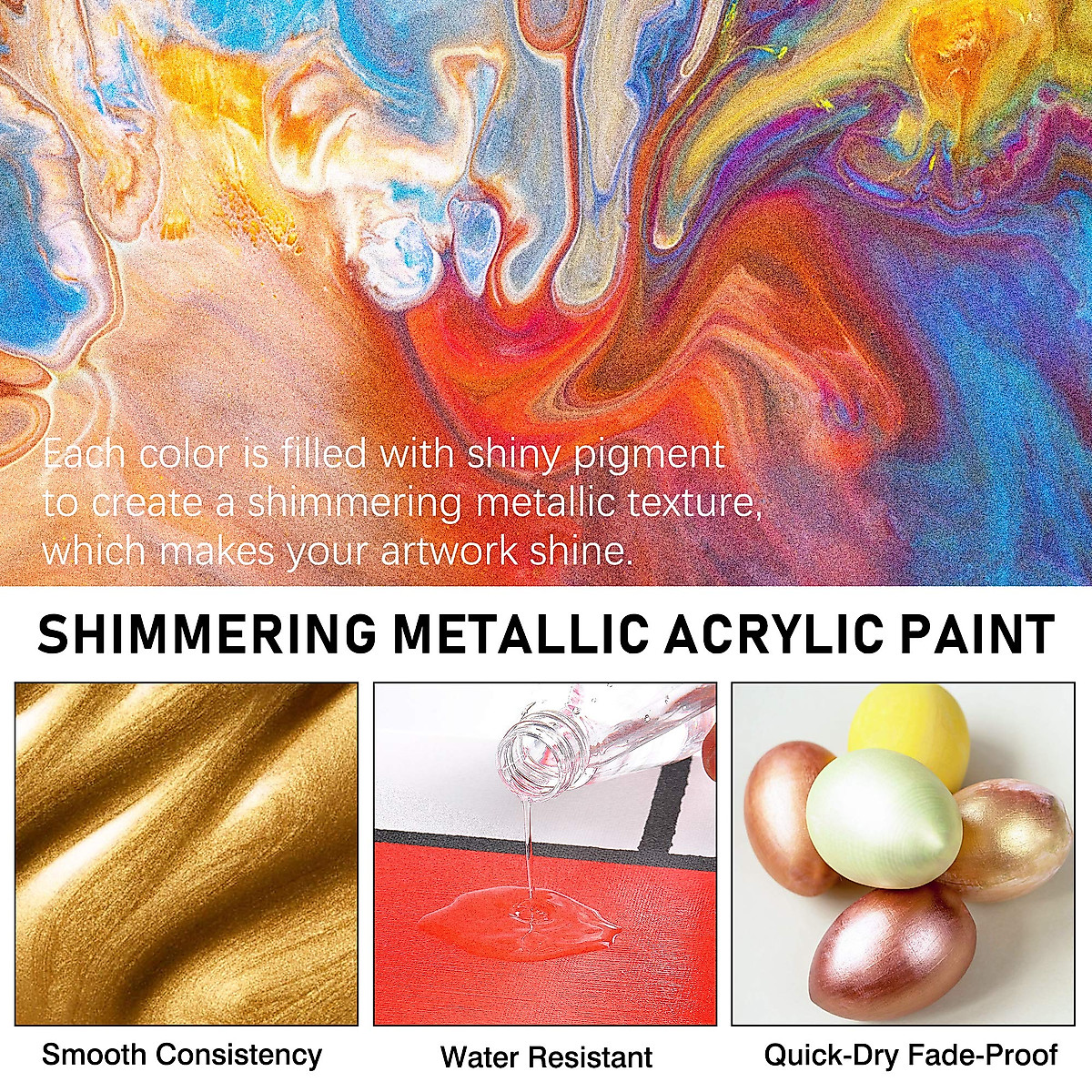Metallic Acrylic Paint, Abeier Set of 24 Metallic Colors in 2oz/60ml Bottle, Rich Pigments, Non Fading, Non Toxic Paints for Artist, Beginners & Kids Painting on Rocks Crafts Canvas Wood, Fabric&Stone