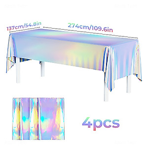 NiHome Iridescent Plastic Tablecloths 4-Pack 54.8x109.6 Inches Holographic Metallic Laser Shiny Rectangle Party Table Decorations Foil Clothes Reusable Covers for Birthday Bridal Wedding Christmas