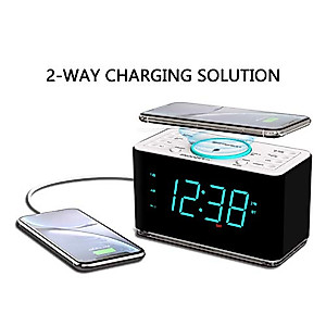 Emerson ER100401 Smartset 15Watt Ultra Fast Wireless Charging Dual Alarm Clock Radio with Bluetooth Speaker, USB Charger, Cyan LED Night Light and 1.4" Display
