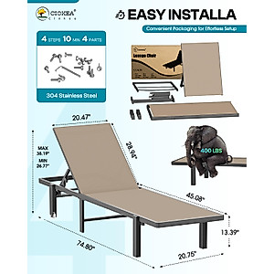 Aluminum Chaise Lounge Chair Outdoor with Wheels, Patio Lounge Chair with Adjustable 5-Position Recliner and Full Flat Tanning Chair for Patio, Beach, Pool, Khaki