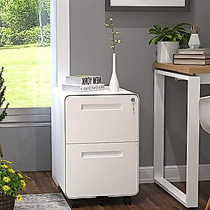 YITAHOME 2 Drawer Rolling File Cabinet, Metal Mobile Filing Cabinet with Lock Under Desk, Anti-Tilt File Cabinet for Legal/Letter Files in Commercial Office Home, White