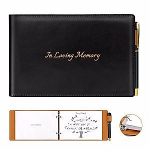 Funeral Guest Book for Memorial Service, Black Leather Celebration of Life Guest Book with Pen, 120 Pages Loose-leaf In Loving Memory Funeral Registry Sign in Book for Mourning Honoring Loved Ones