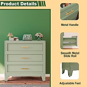 Dresser for Bedroom Drawer Organizer Storage with 3 Drawers,34.25" H Storage Cabinet Metal Storage Drawers,Closet Storage,Drawer Chest and Closet Organizers Matcha Green