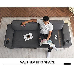 VanAcc Modern Sofa, 89in Couch- Comfy Sofa with Cup Holders & USB Charging Ports, Deep Seat Sofa Couch for Living Room, Charcoal Grey Chenille