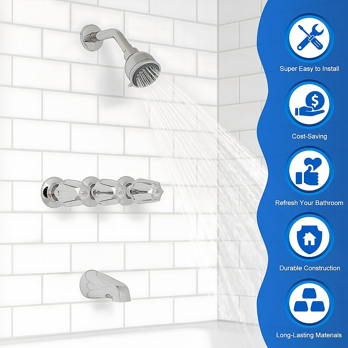 Dreyoo 3 Piece Shower Knob Replacement Compatible with Price/pfister Verve Tub Shower, Bathtub Shower Faucet Handle Remodel Trim Kit Include 1 Hot 1 Cold 1 Diverter and 3 Screws(Polished Chrome)