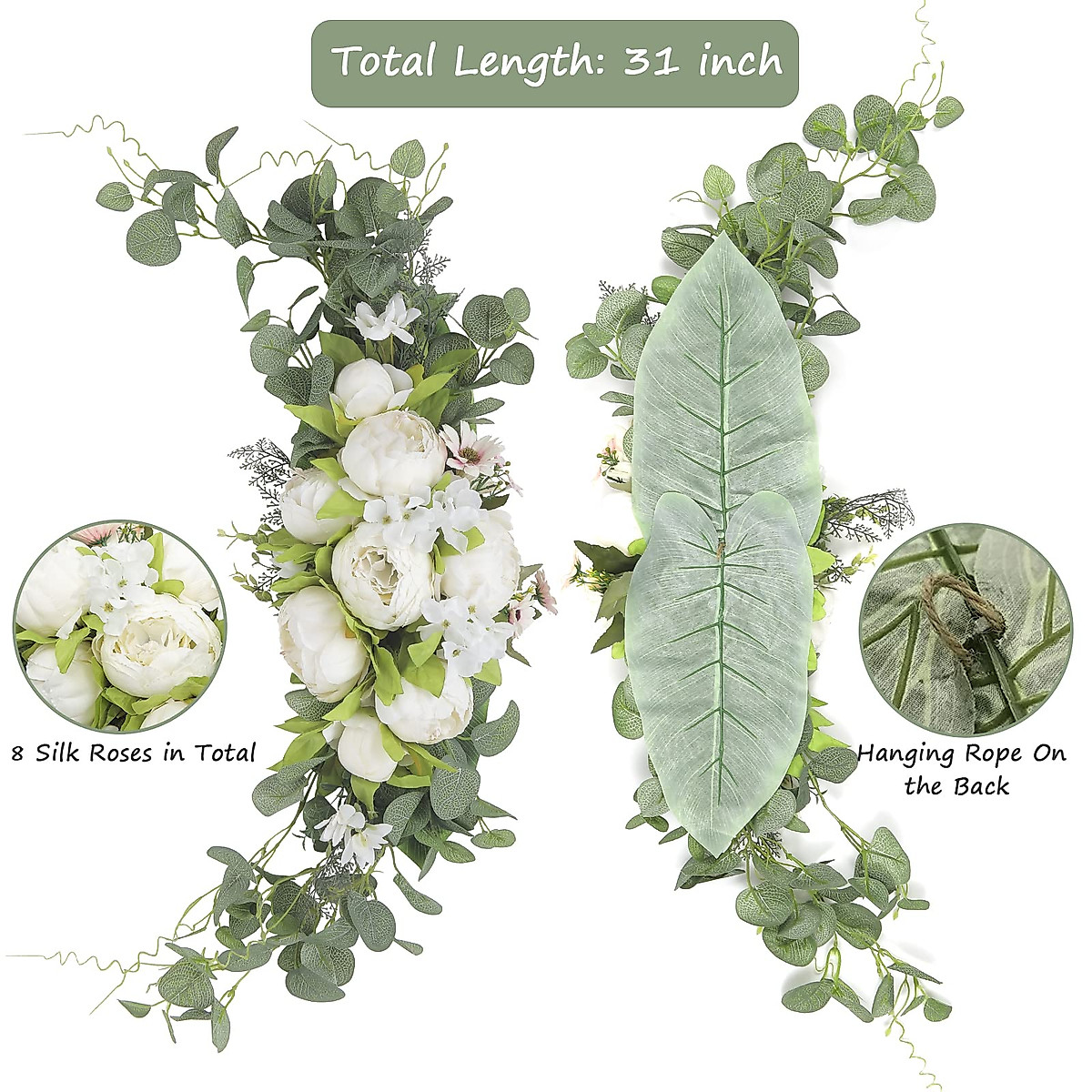 HiiARug Artificial Peony Flower Swag, 31 Inch Decorative Swag with Peonies Hydrangeas Eucalyptus Leaves for Home Room Garden Lintel Wedding Arch Party Decor (White, 31")