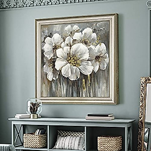 Flower Framed Abstract Wall Art: Bedroom White Lily Canvas Painting Modern Blossom Floral Artwork with Golden Foil Elegant Nature Picture Large Botanical Prints for Bathroom Office Living Room