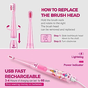 Vekkia Sonic Rechargeable Kids Electric Toothbrush, 3 Modes with Memory, Fun & Easy Cleaning, 24000 Strokes, IPX7 Waterproof, 2-Min Timer for Age 5+, 4 Soft Bristles(Pink)