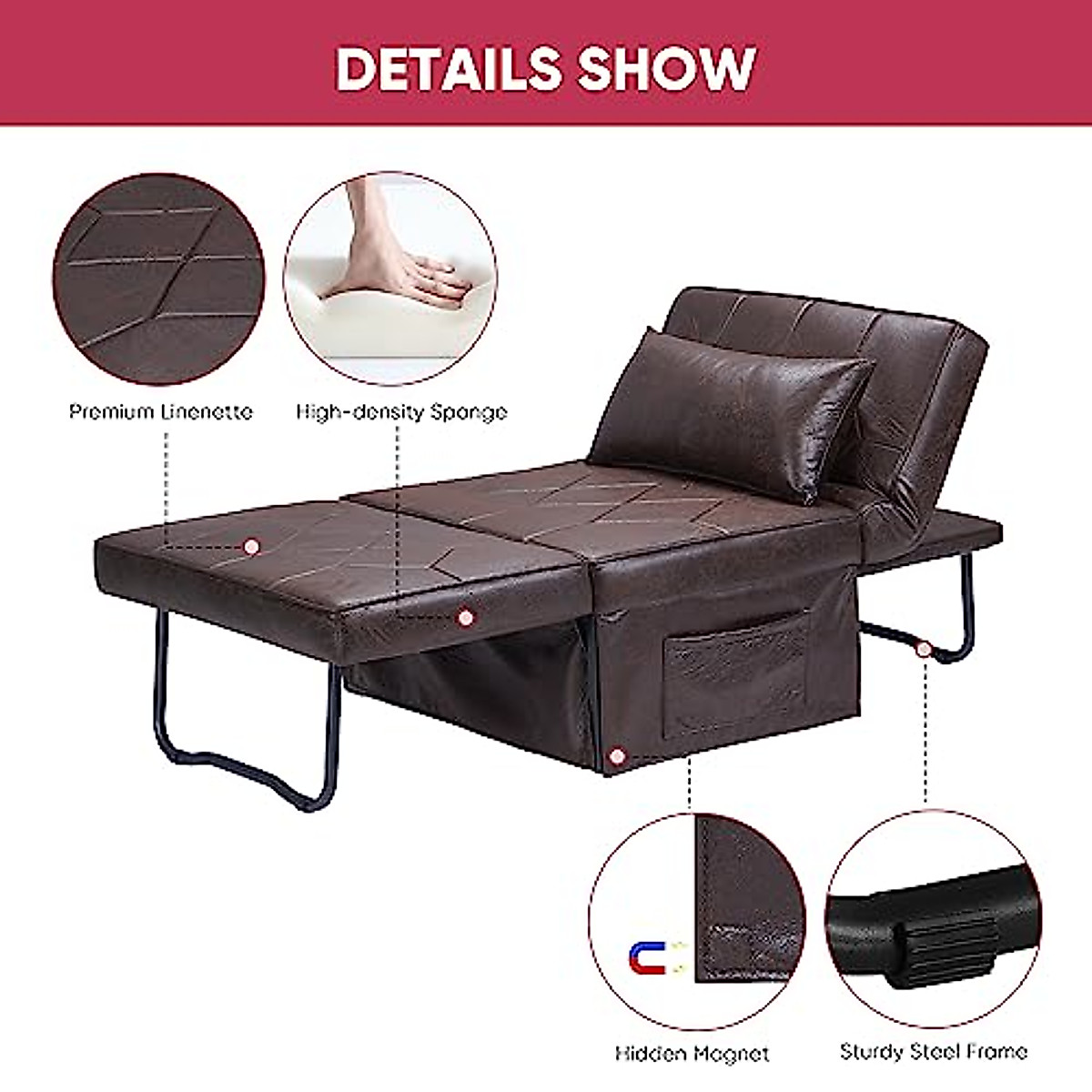 Litbird Sofa Bed, 4 in 1 Multi-Function Folding Ottoman, Couch Bed with Adjustable Backrest Convertible Chair for Living Room, Apartment, Office, Imitation Leather, Modern, Brown