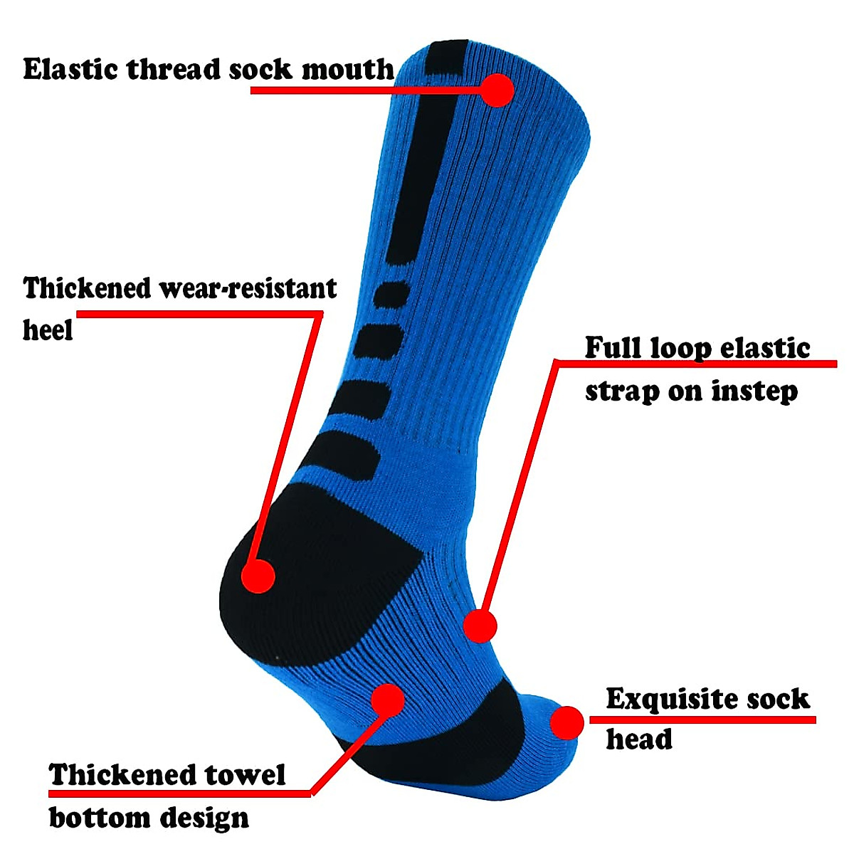 YWSLRC 5 Pairs Mens Athletic Crew Socks Elite Basketball Sport Cushioned Long Compression Sock,6.5-11.5 (Black Blue Green Purple Red)