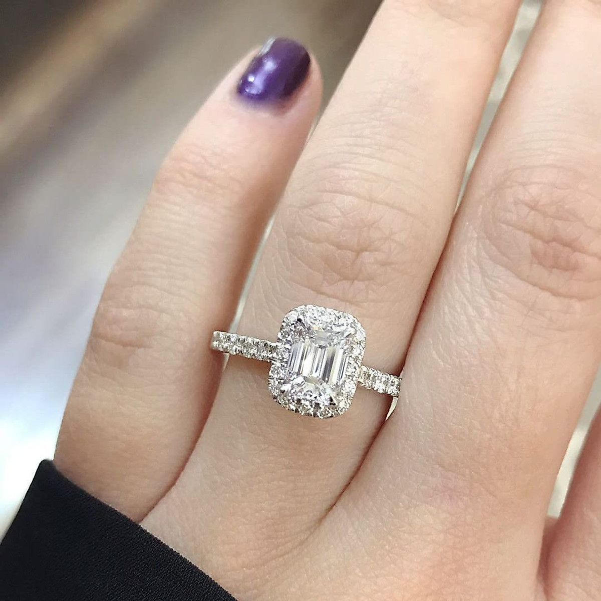 Emerald Cut Engagement Rings for Women White Gold 1.00 Carat Moissanite Halo Engagement Ring 10K 14K 18K Gold Platinum Plated Silver Anniversary Promise Wedding Rings with Text Engraving Size 4-12(14K)