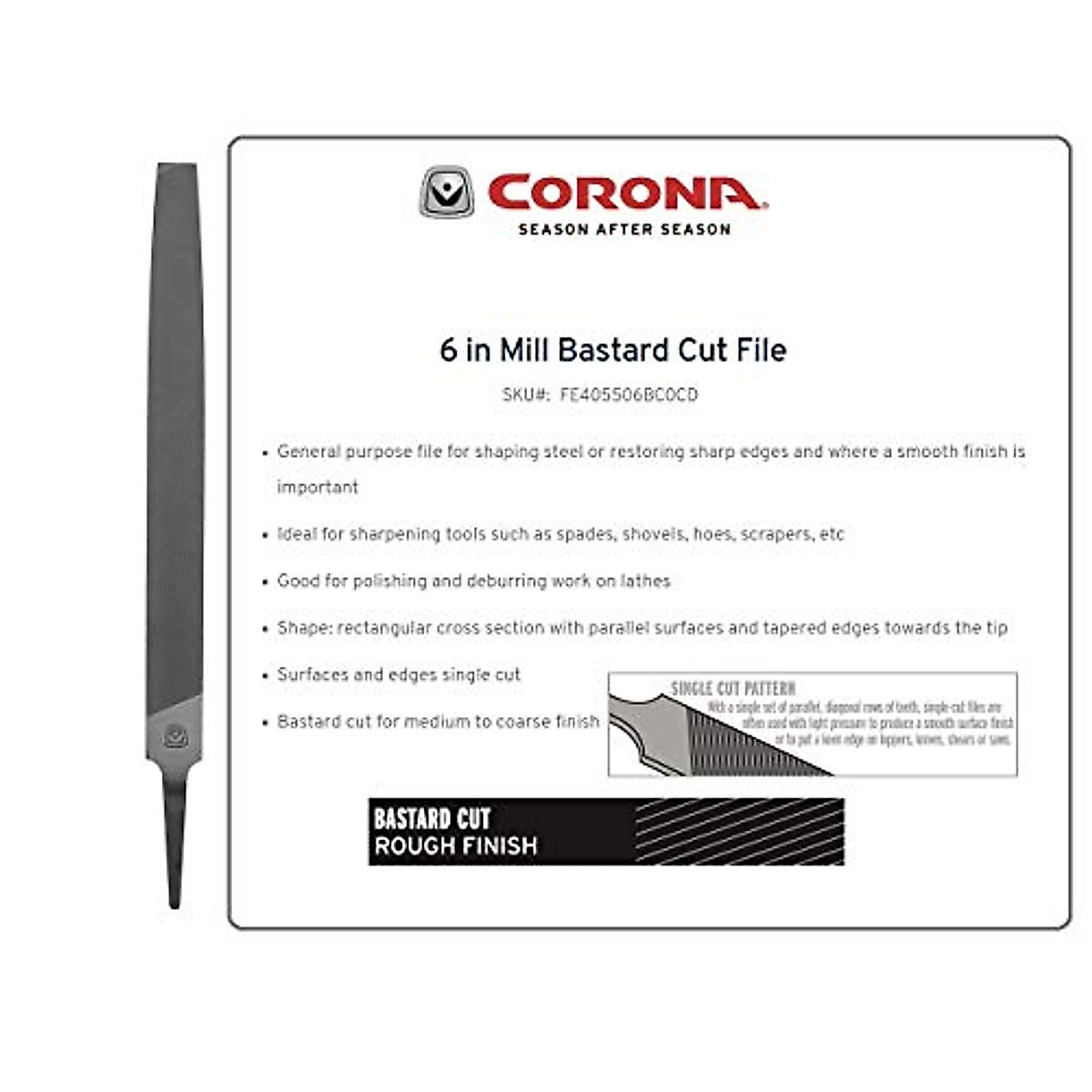 Corona FE405506BC0CD Mill Bastard Cut File Carded, 6-Inch