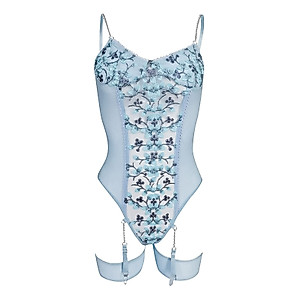 Sexy Lingerie for Women Strappy V Neck Floral Embroidered Lace Bodysuits Snap Crotch Chain One Piece Teddy with Garter Belt