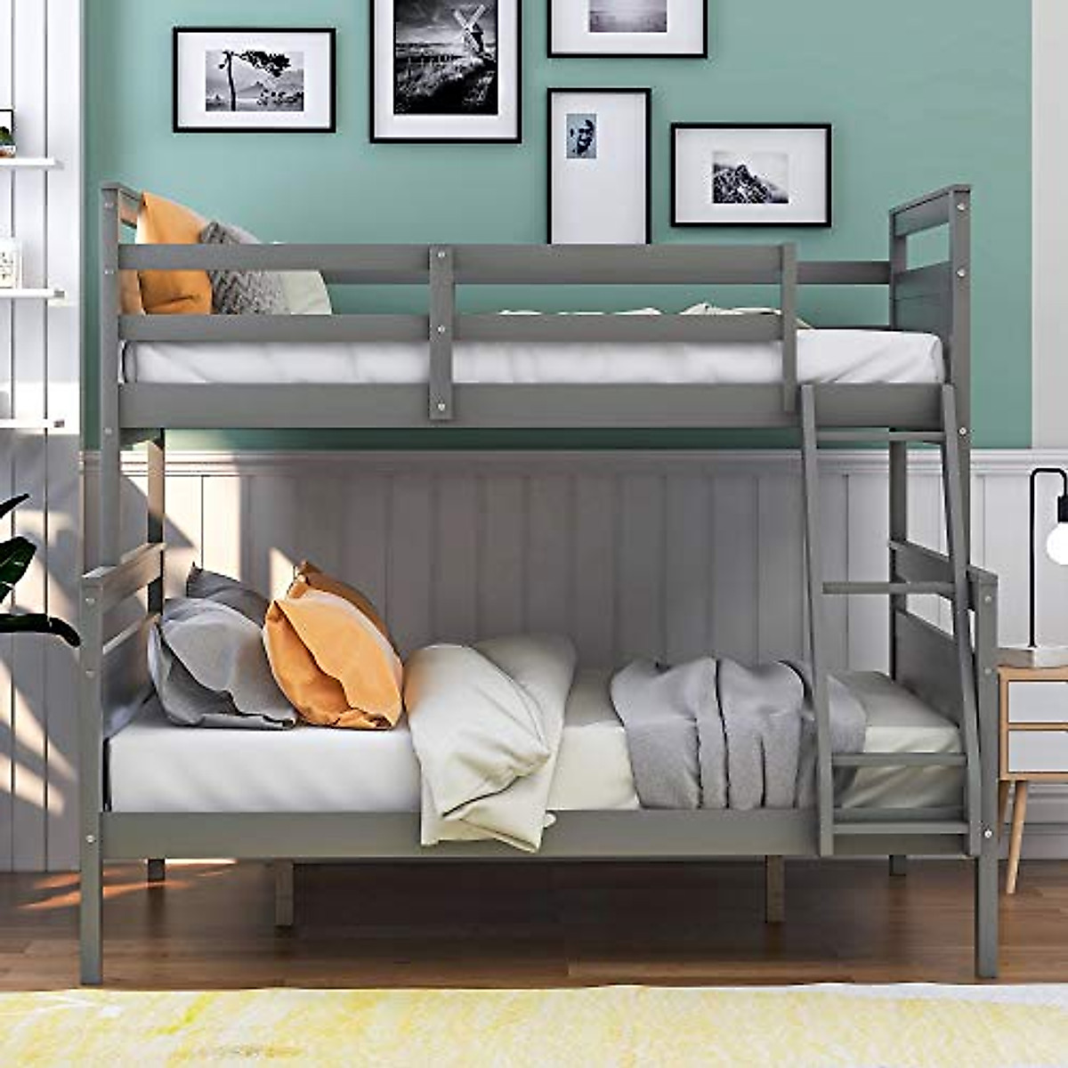 Ochangqi Twin Over Full Bunk Bed Frame with Ladder, Solid Wood Bunk Beds Loft Bed Frame Twin Over Full Size with Guardrail, Can Be Separated Into Twin/Full Size Bed, No Box Spring Needed (Gray)