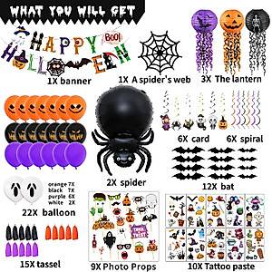93Pcs Halloween Party Decorations, Halloween Birthday Party Decorations Set Including Happy Halloween Banner Wire Lanterns Glow Tattoos Photo Props Spiders Balloons Hanging Swirls Bats Tassels