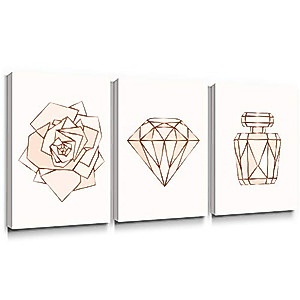 SUMGAR Fashion Wall Art Pink Wall Decor for Girls Bedroom Nursery Bathroom,Rose Gold Flower Pictures Modern Canvas Paintings Framed Artwork Cute Mothers Day Gifts for Mom,12x16 inch 3 Panel
