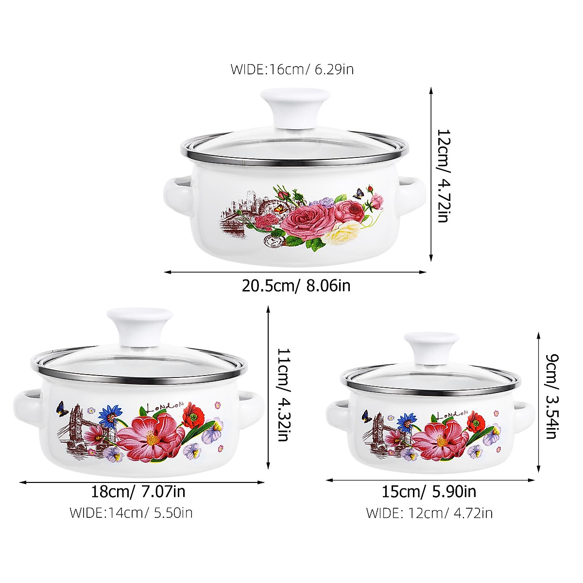 Amosfun Mini Soup Pot Retro Floral Enamelware Pot with Lid - 4.5 Inch 5.5 Inch 8 Inch Assortment Ramen Soup Pot with Handle Ears