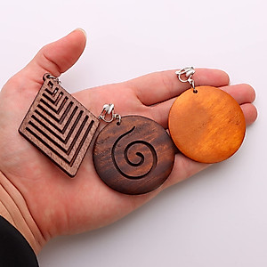 PATISORNA 12 Pairs Wooden Clip on Earrings for Women African Natural Wooden Dangle Earrings Lightweight Drop Earrings Ethnic Statement Drop Earrings Set Style A