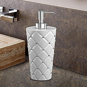 Ceramic Jewel Collection Bathroom Accessories Set for Vanity Countertops 8 Piece Includes Container, Soap Dish,Toothbrush Holder,Tumbler,soap pump,Waste Basket,Tissue Box Holder,Tray-White/Silver